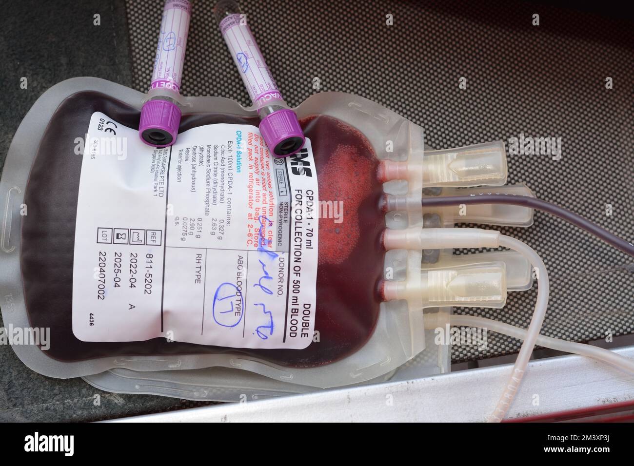 Cairo, Egypt, December 15 2022: blood bag and blood samples collected ...
