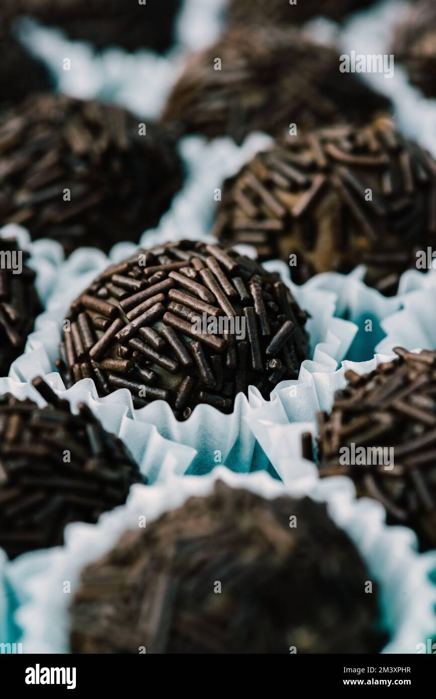 Macro close up of brigadeiros, traditional brazilian sweets made of ...