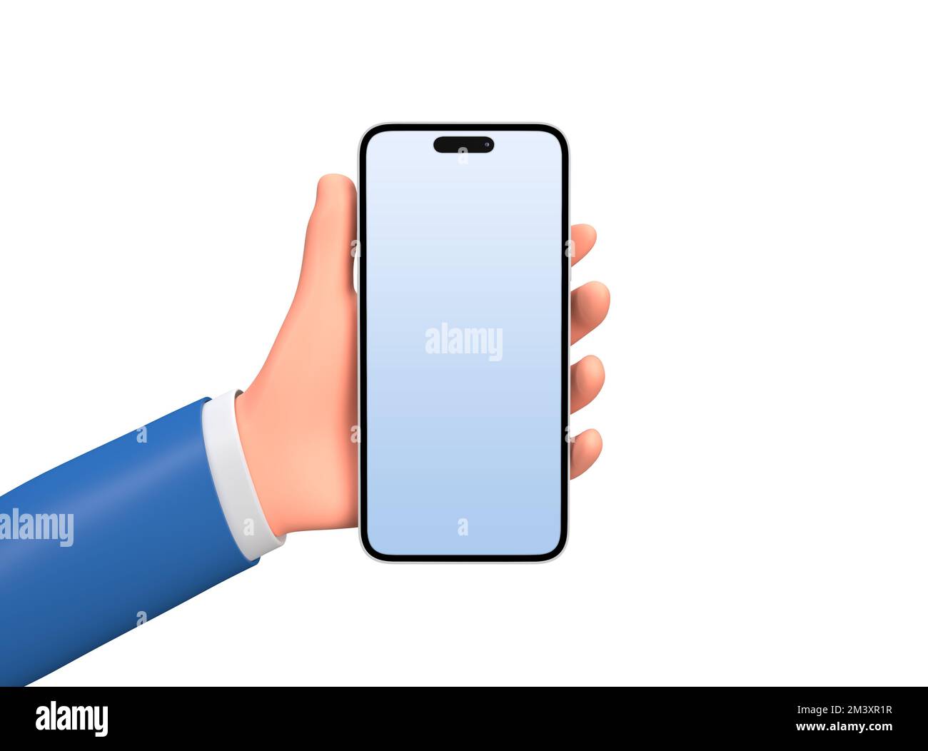 3D Hand holding iPhone 14 pro max Smartphone mobile with blank screen ...