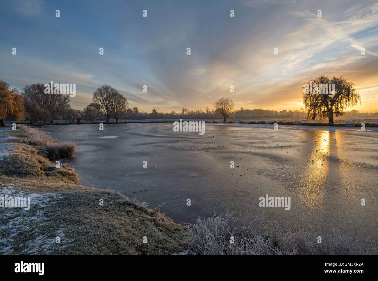 Natures gentle colours of lake iced over on a mid December sunrise ...