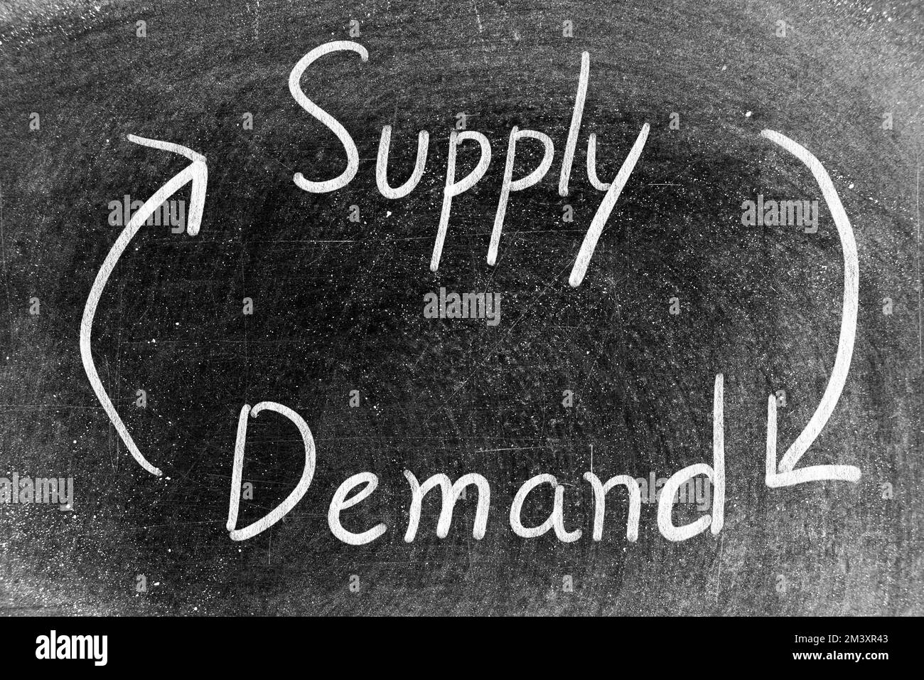 White chalk hand writing in word supply demand and arrow shape show as ...