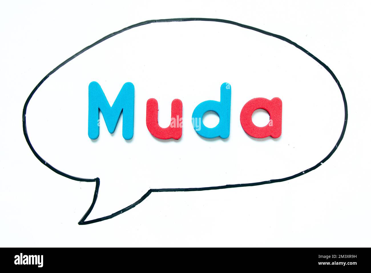 Alphabet letter with word muda in black line hand drawing as bubble ...