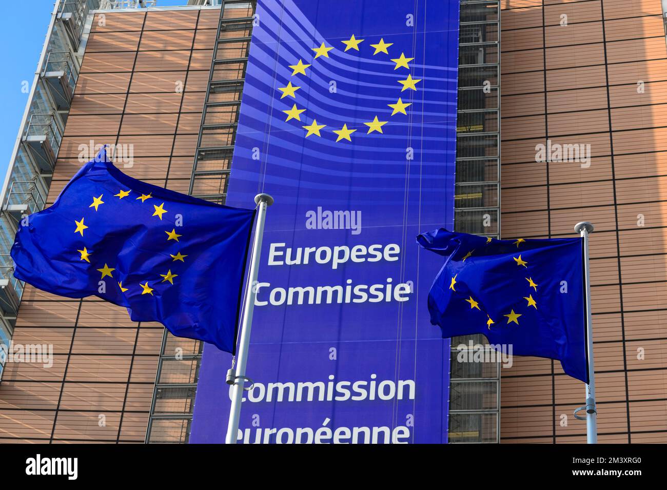 Several official European Flags with the blue and the yellow stars are ...