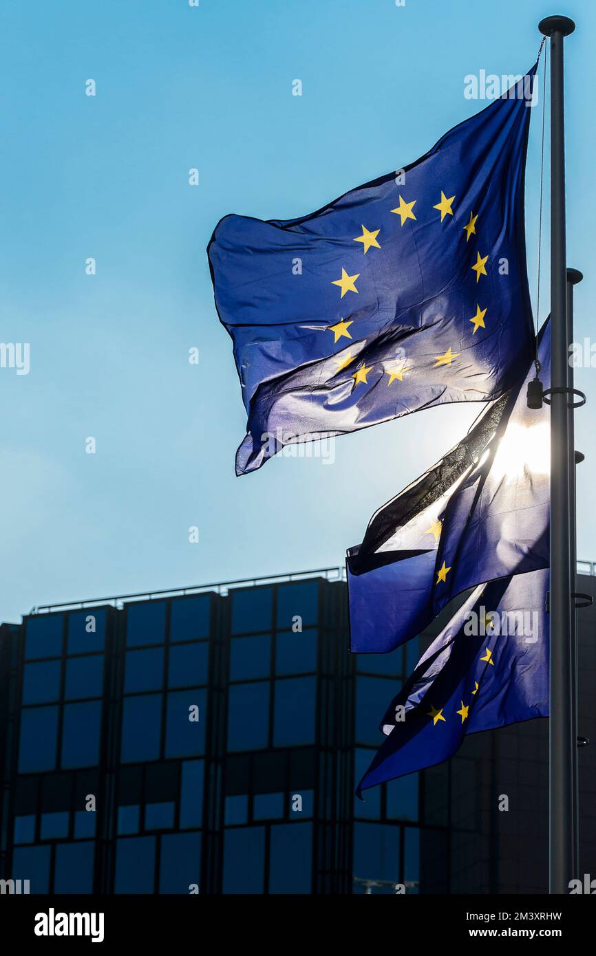 Several official European Flags with the blue and the yellow stars are ...