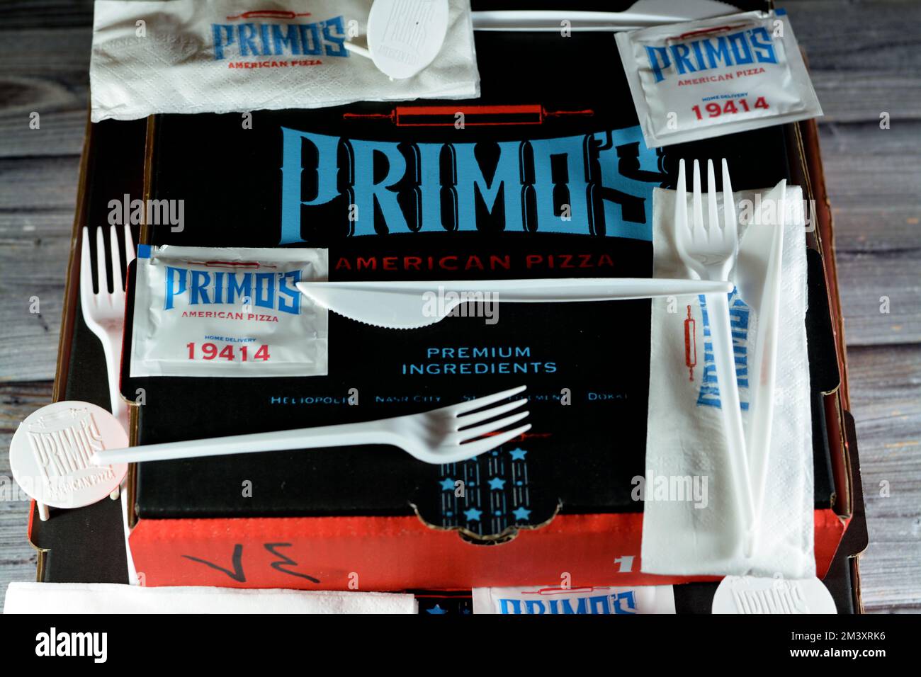 Cairo, Egypt, December 8 2022: Primo's Pizza is an American pizza known ...