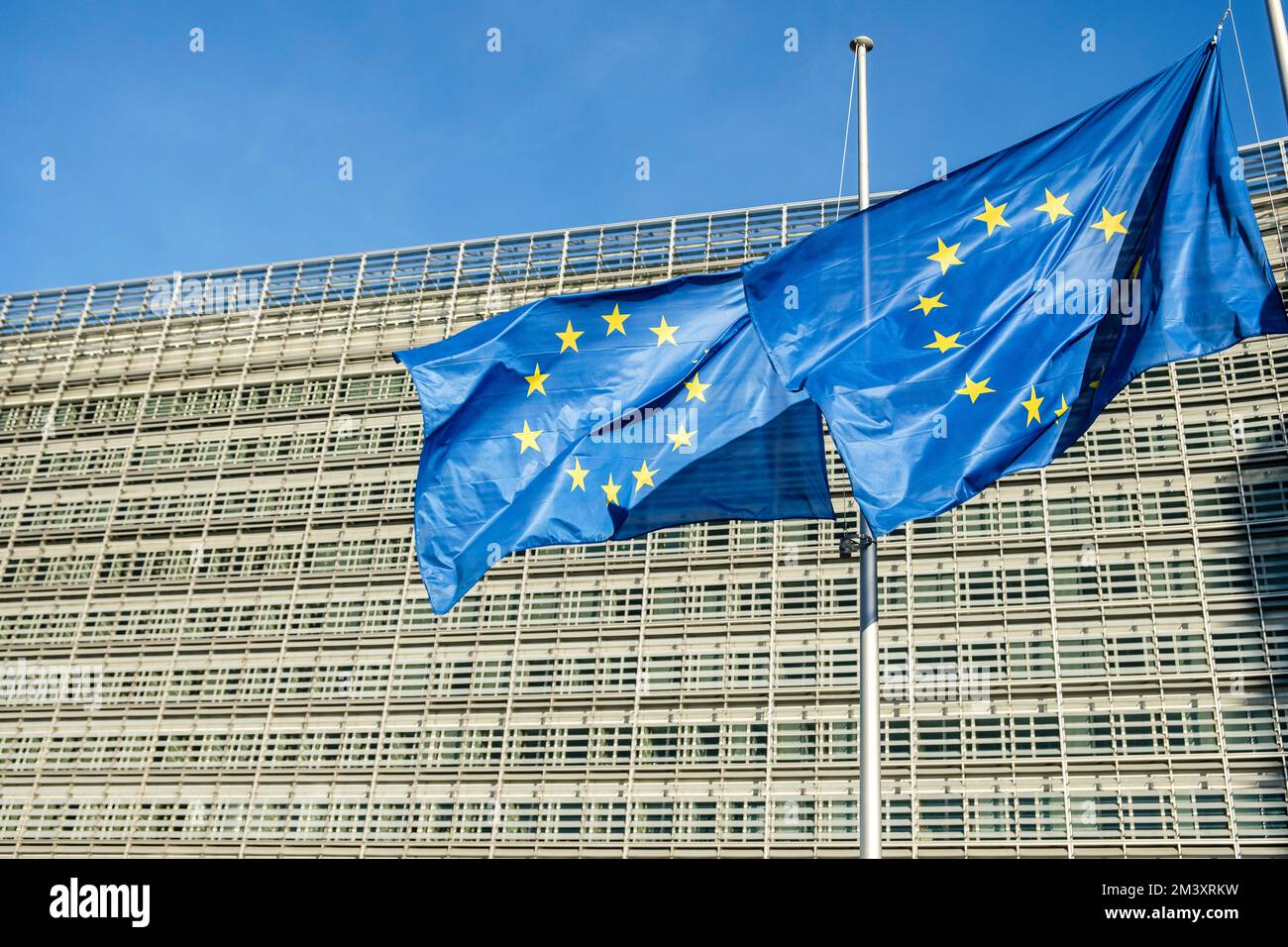 Several official European Flags with the blue and the yellow stars are ...