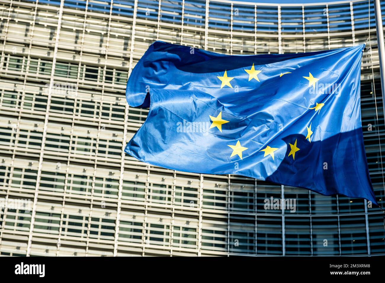 Several official European Flags with the blue and the yellow stars are ...