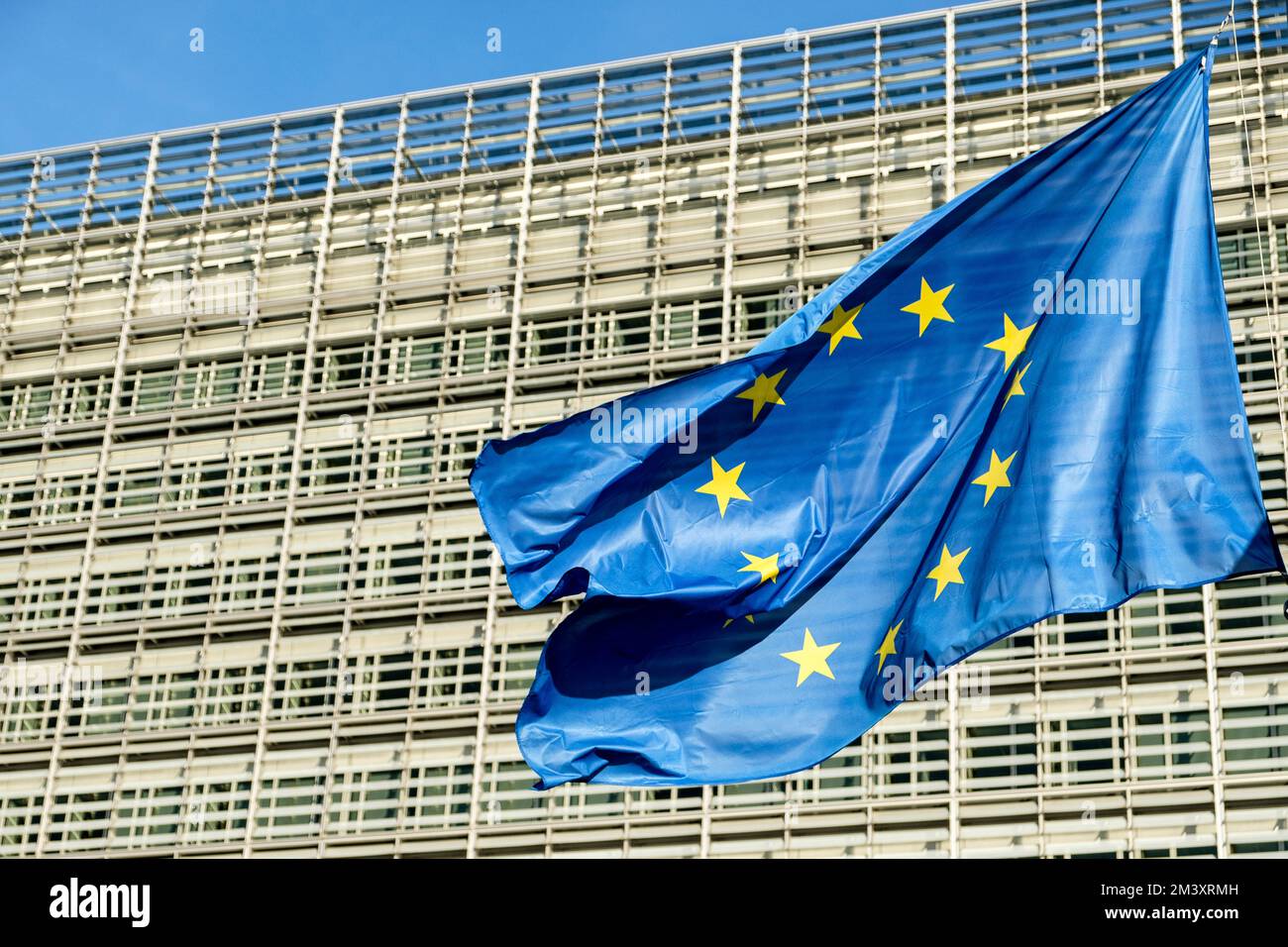 Several official European Flags with the blue and the yellow stars are ...