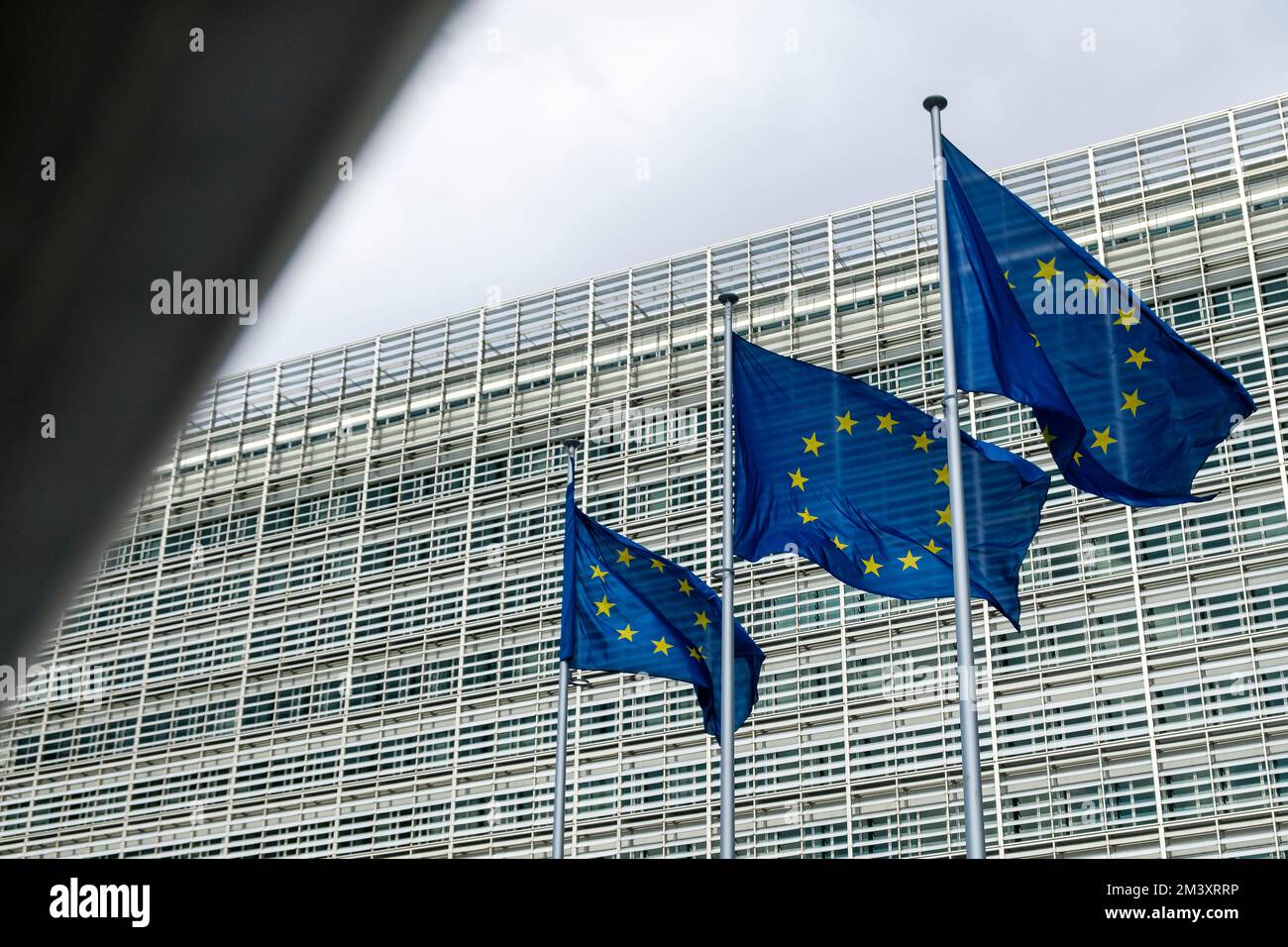 Several official European Flags with the blue and the yellow stars are ...