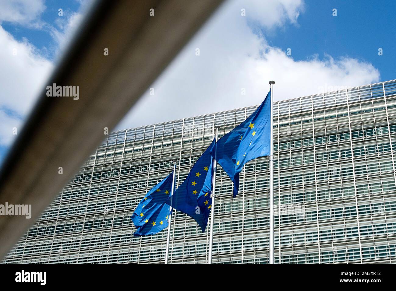 Several official European Flags with the blue and the yellow stars are ...