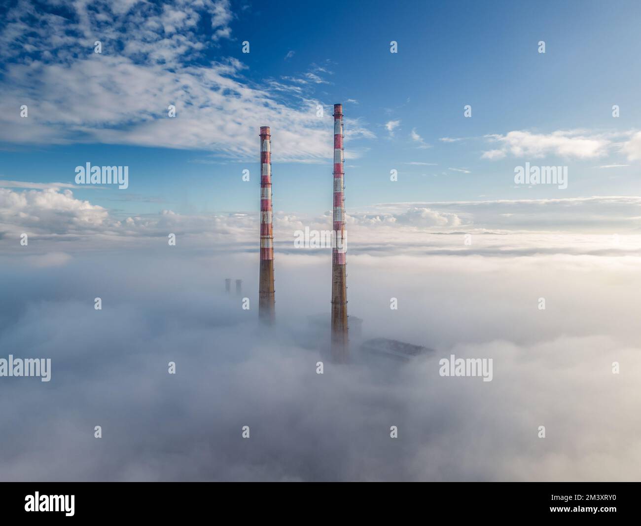 The Poolbeg Chimneys standing out against the 95m low cloud and fog ...