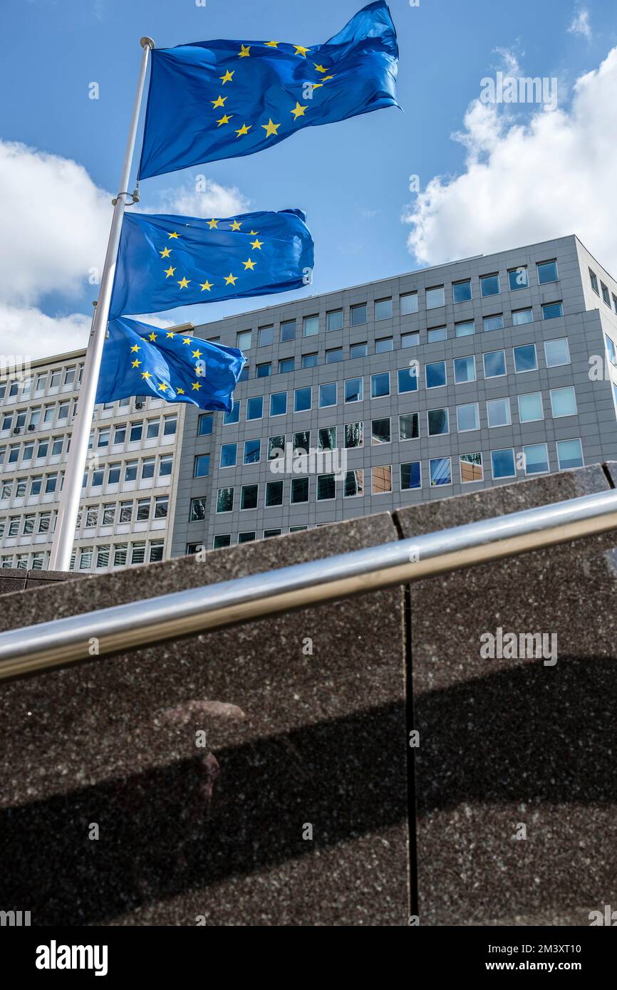Several official European Flags with the blue and the yellow stars are ...