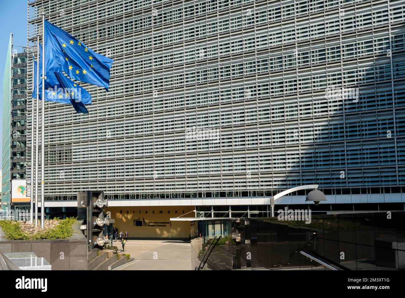 Several official European Flags with the blue and the yellow stars are ...