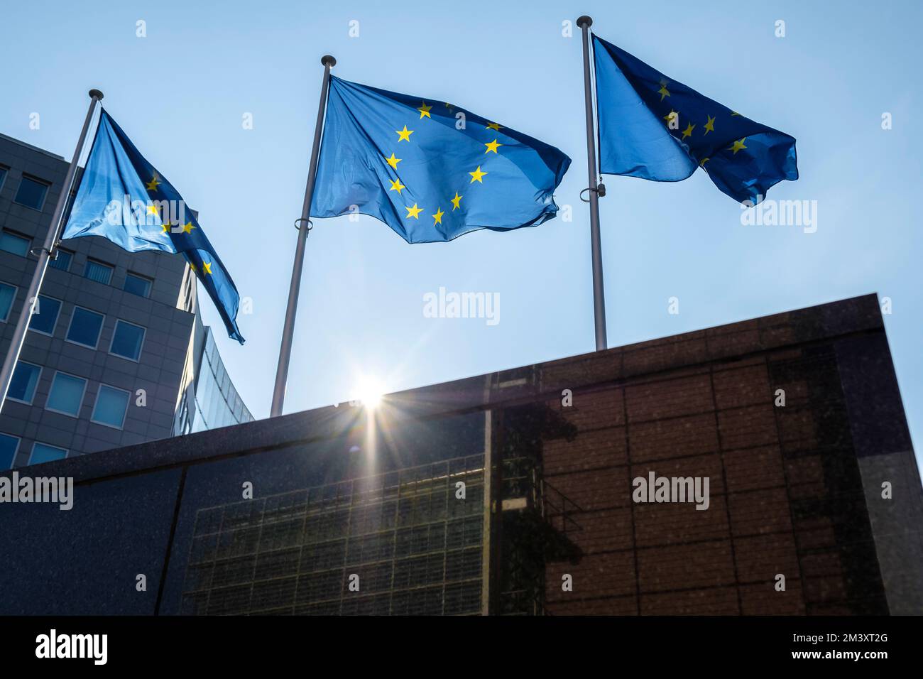 Several official European Flags with the blue and the yellow stars are ...