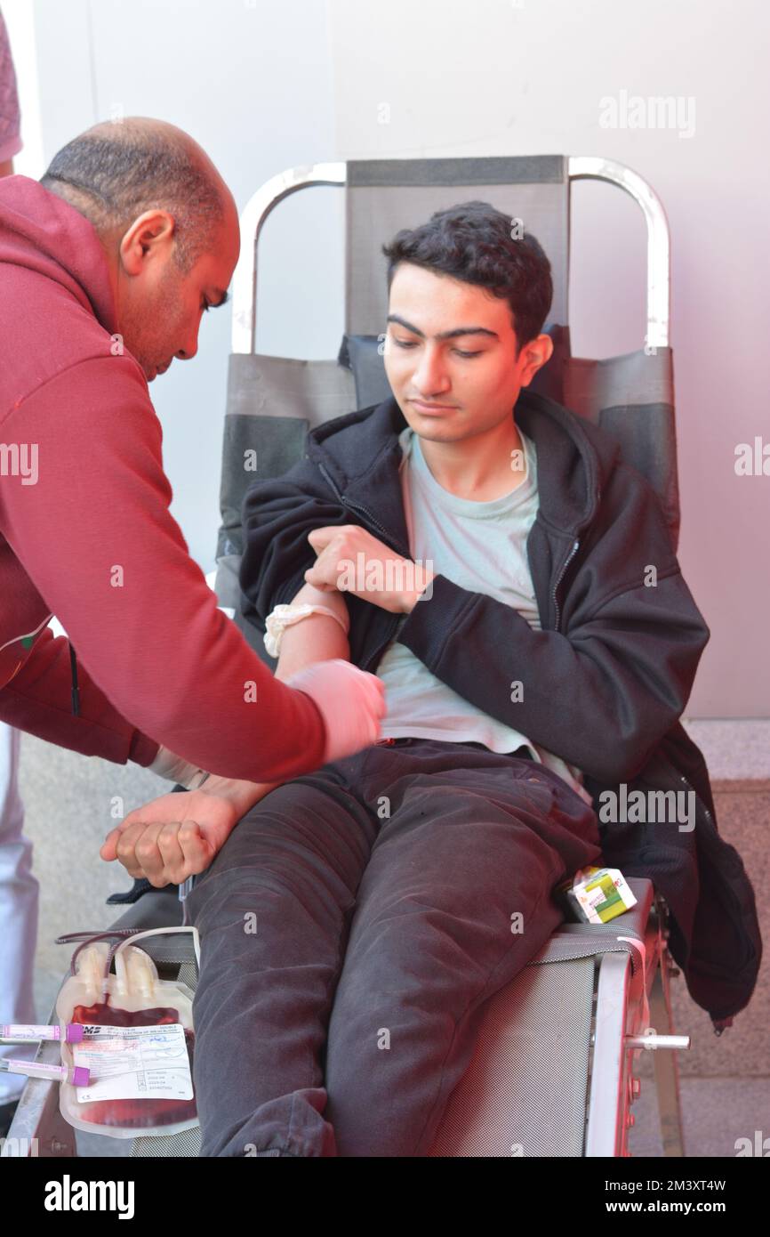 Cairo, Egypt, December 15 2022: blood volunteer donor during a blood ...