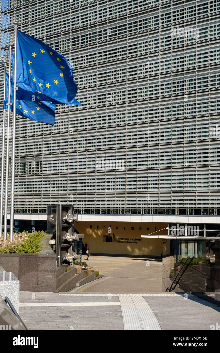 Several official European Flags with the blue and the yellow stars are ...