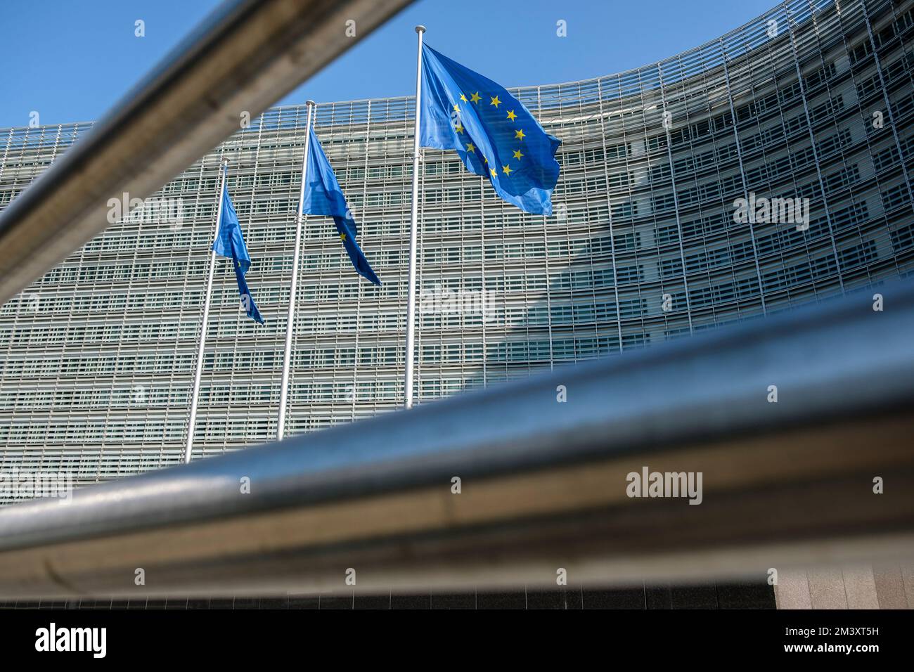 Several official European Flags with the blue and the yellow stars are ...