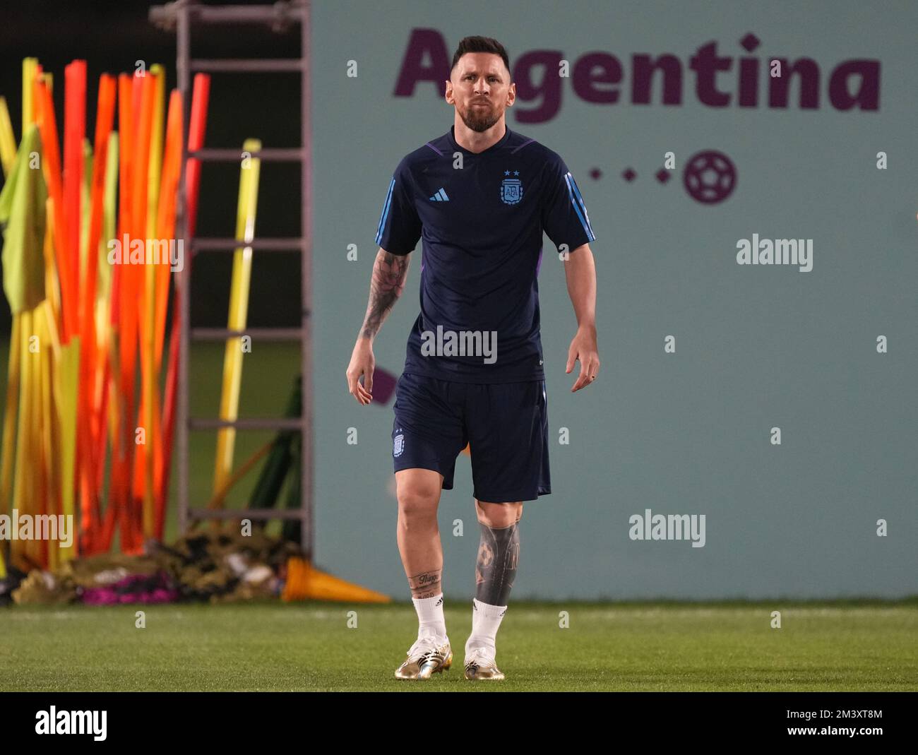 Argentina's Lionel Messi during a training session at Qatar University ...