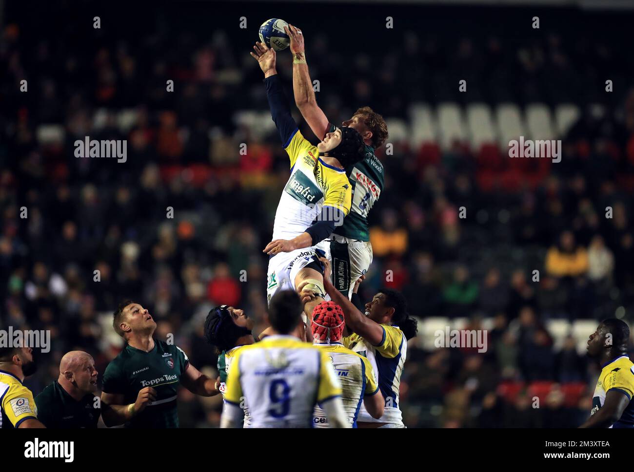 Leicester Tigers' Ollie Chessum competes in a line-out during the ...