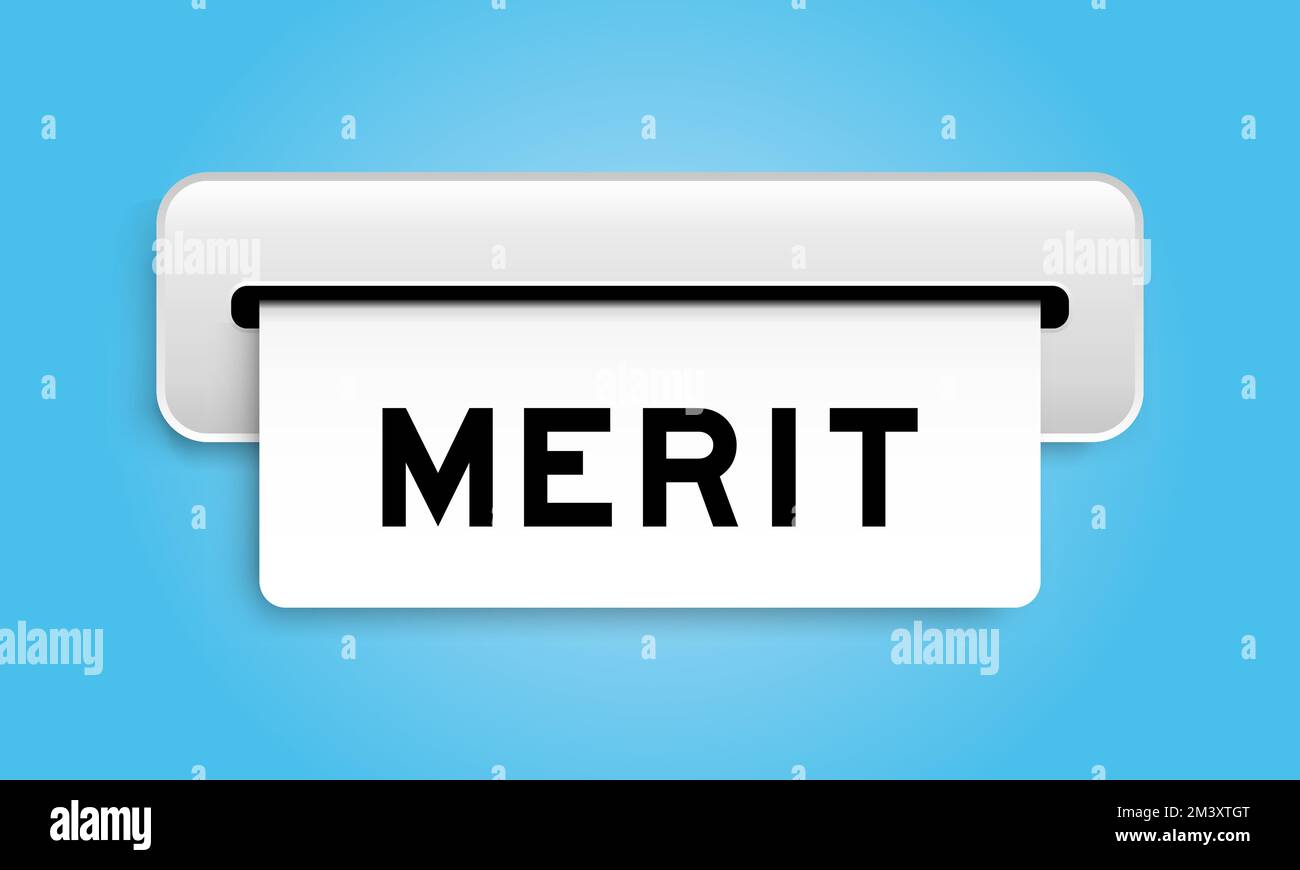 White coupon banner with word merit from machine on blue color ...
