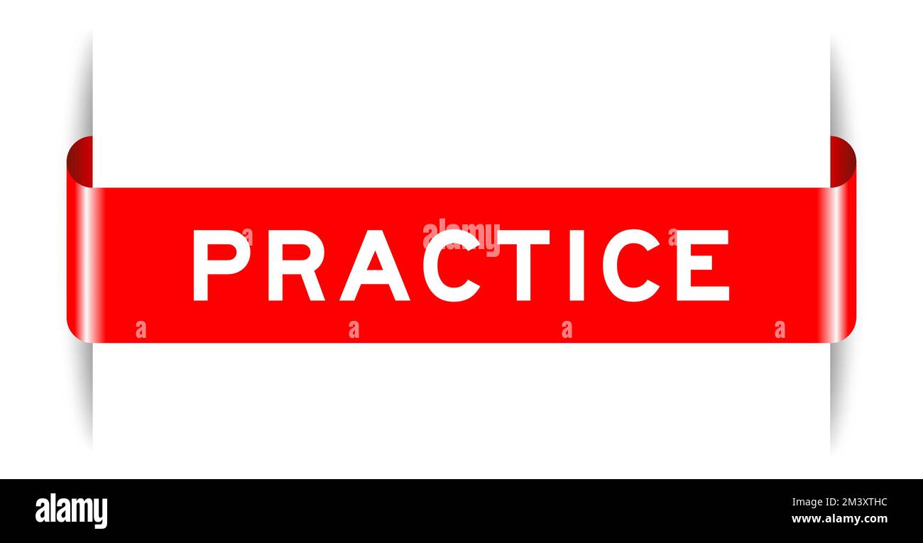Red color inserted label banner with word practice on white background ...