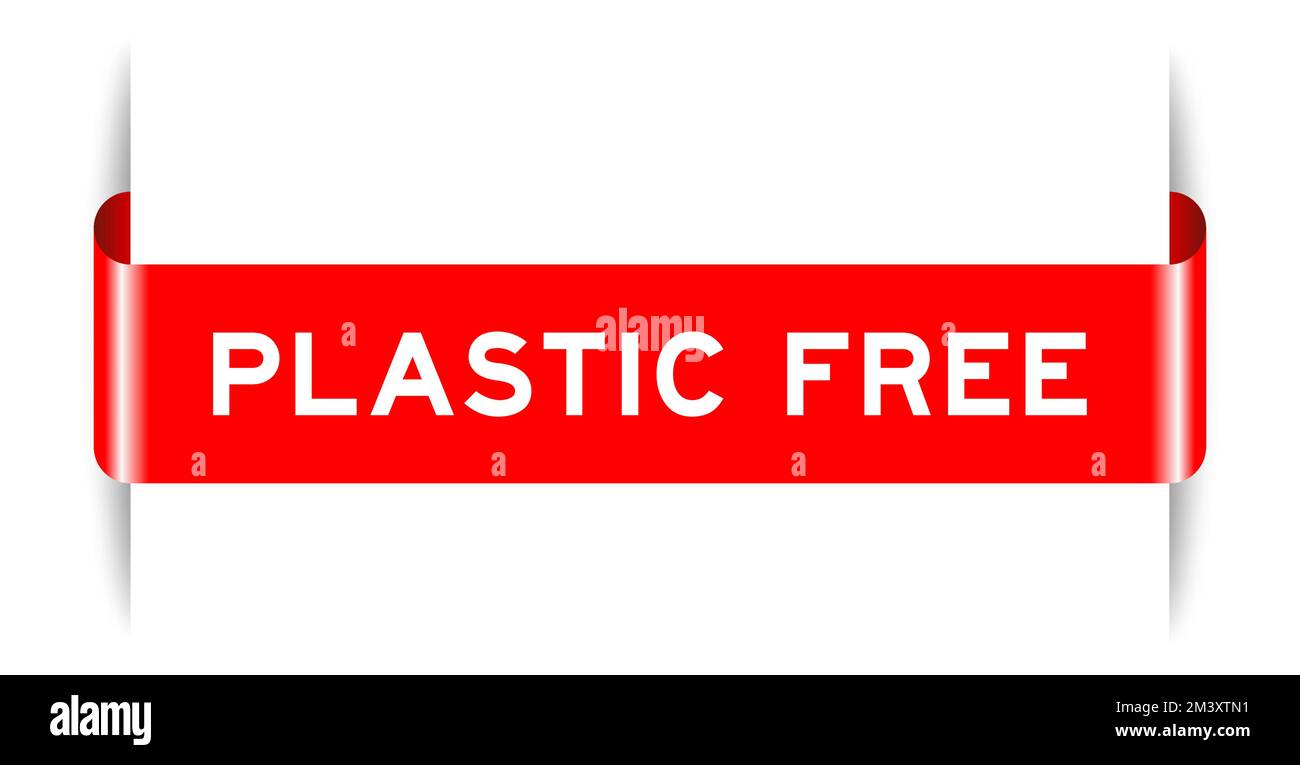 Red color inserted label banner with word plastic free on white ...