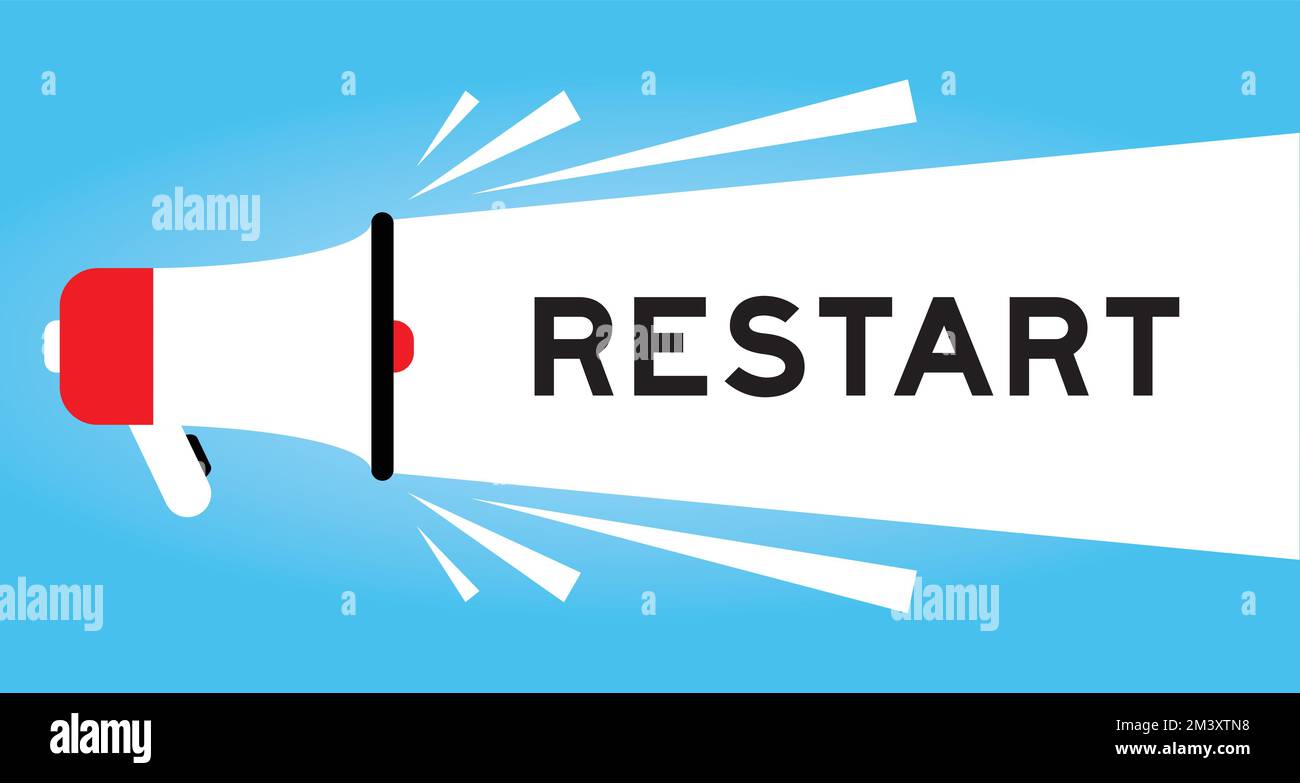 Color megaphone icon with word restart in white banner on blue ...