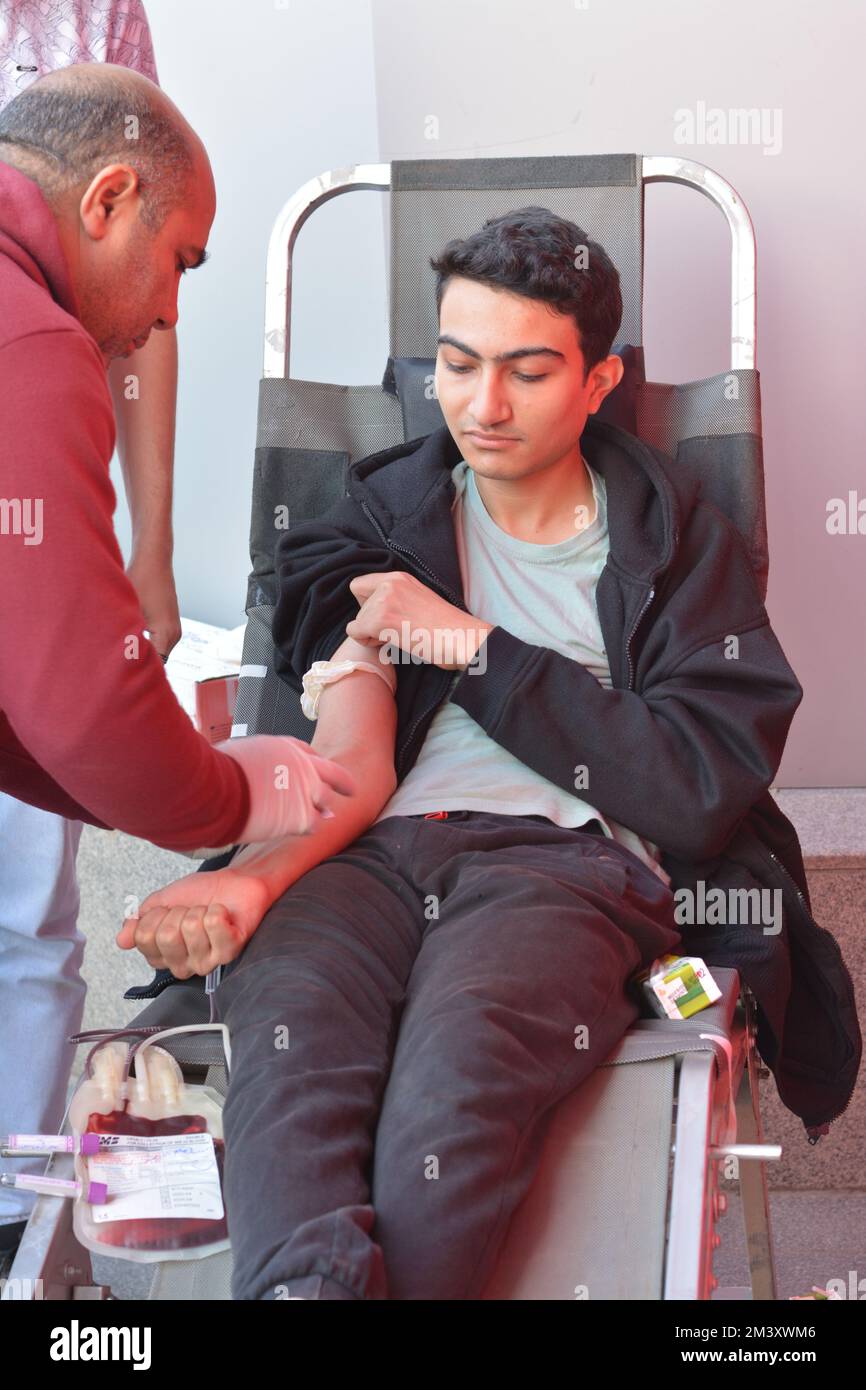 Cairo, Egypt, December 15 2022: blood volunteer donor during a blood ...