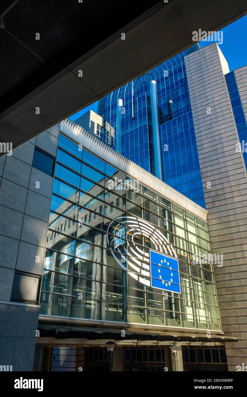 The european parliament facade and its stylised hemicycle logo with the ...