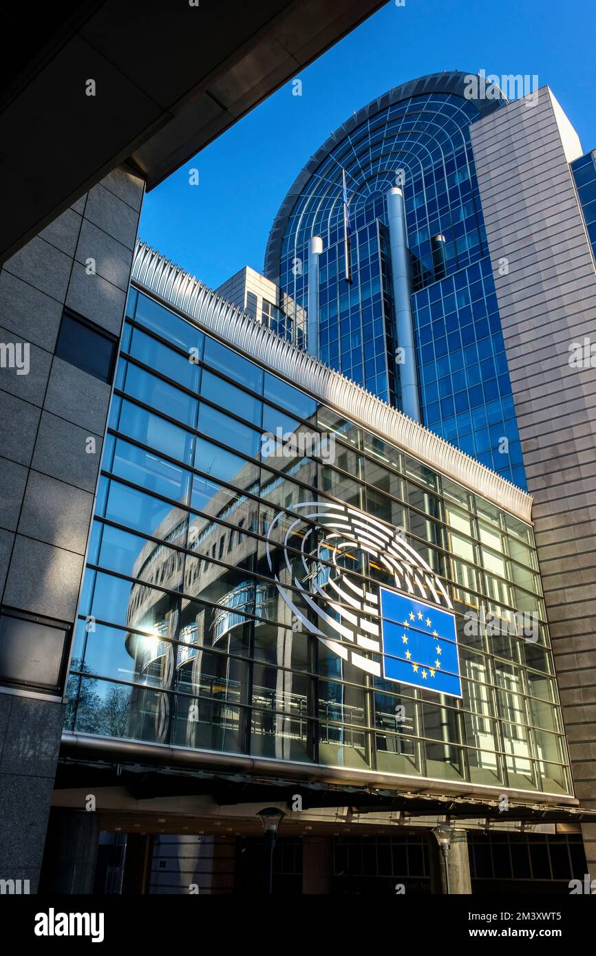 The european parliament facade and its stylised hemicycle logo with the ...