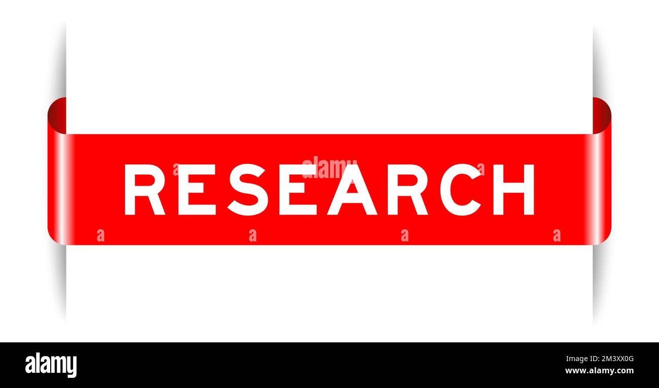 Red color inserted label banner with word research on white background ...