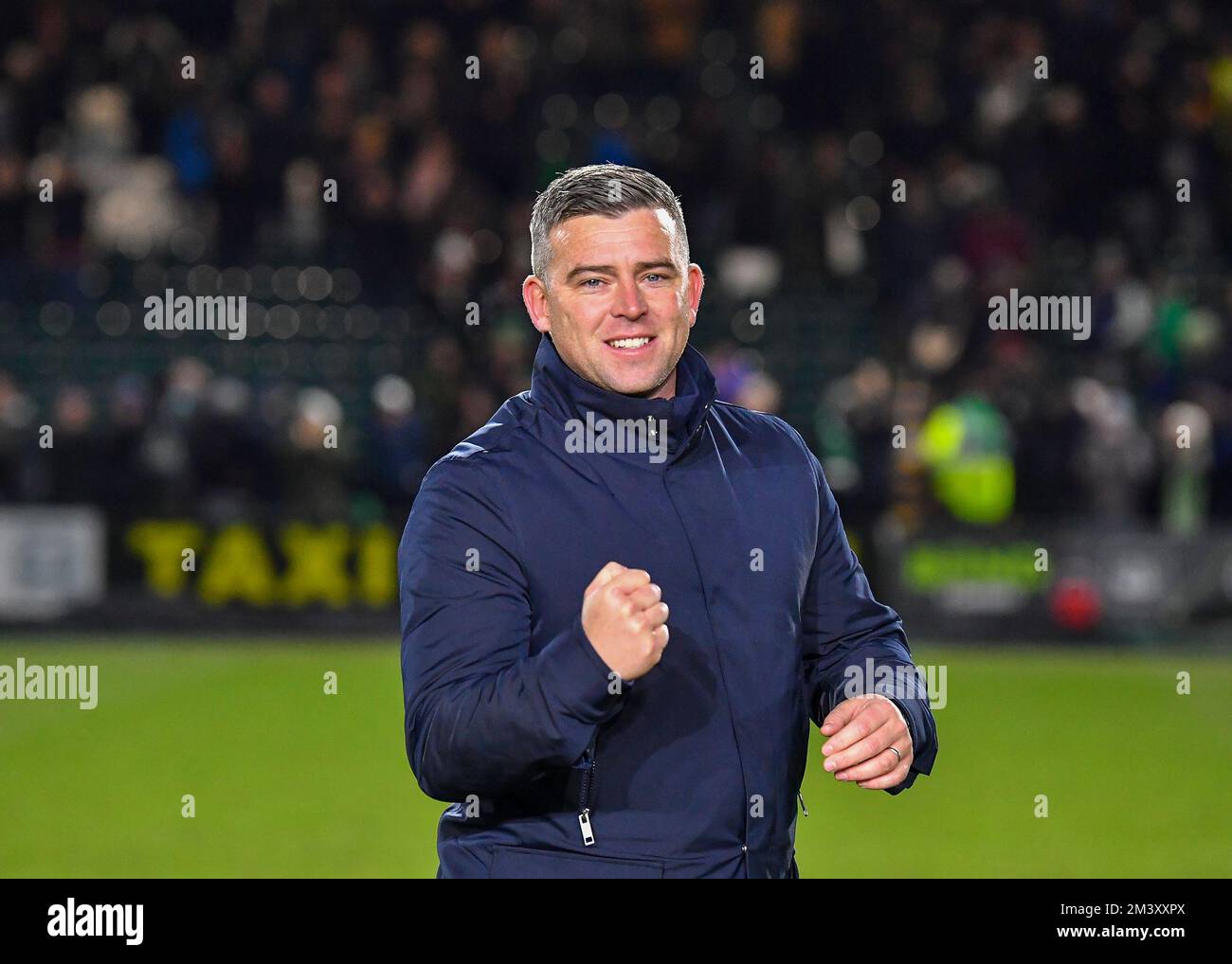 Plymouth Argyle Manager Steven Schumacher celebrates a win at full time ...