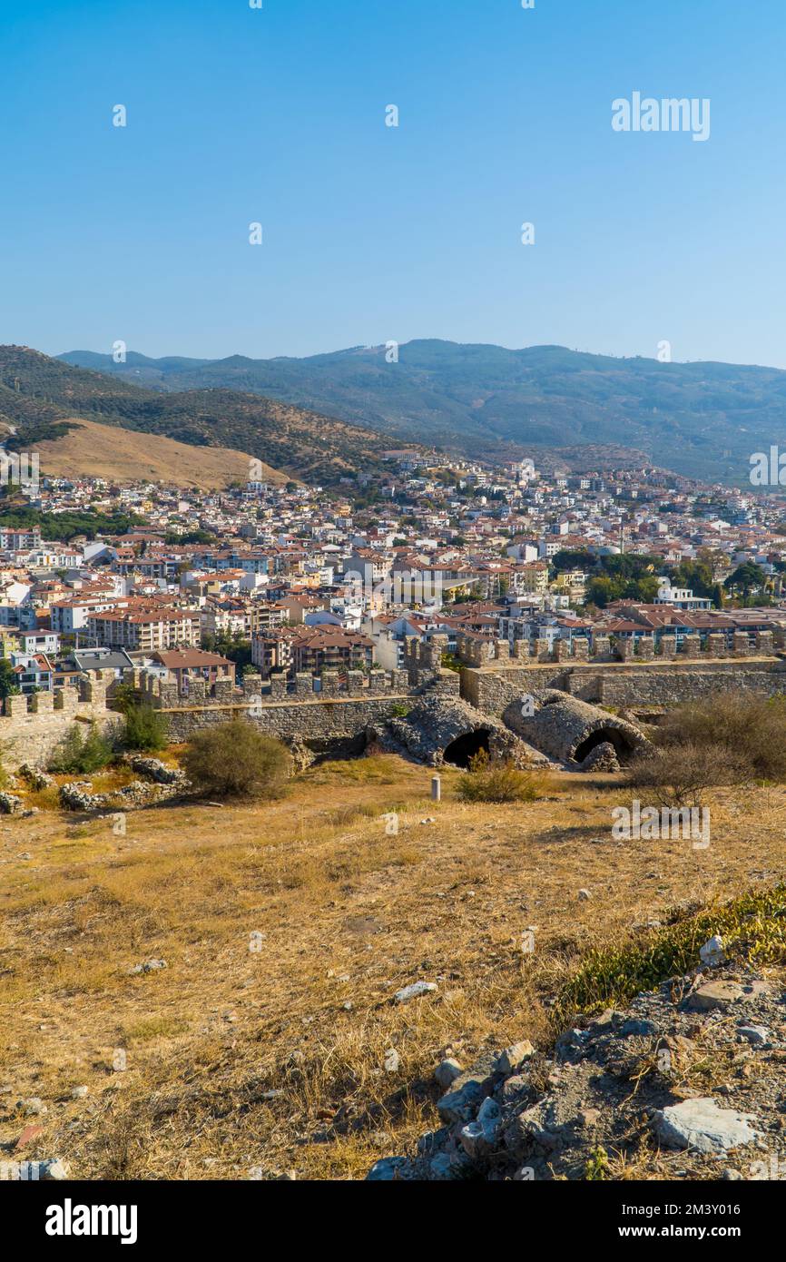 A vertical aerial view of Selcuk town seen from the Ottoman Castle ...