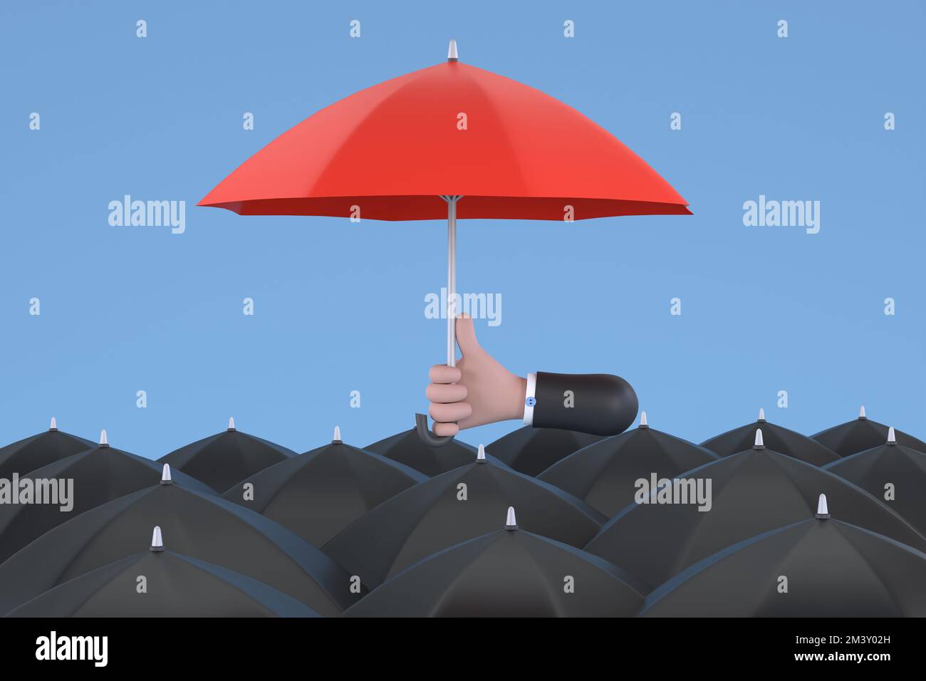 3D. Uniqueness and individuality. Hand holding a red umbrella among ...