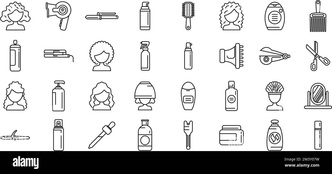 Curly hair care icons set outline vector. Hair dandruff. Shampoo volume ...