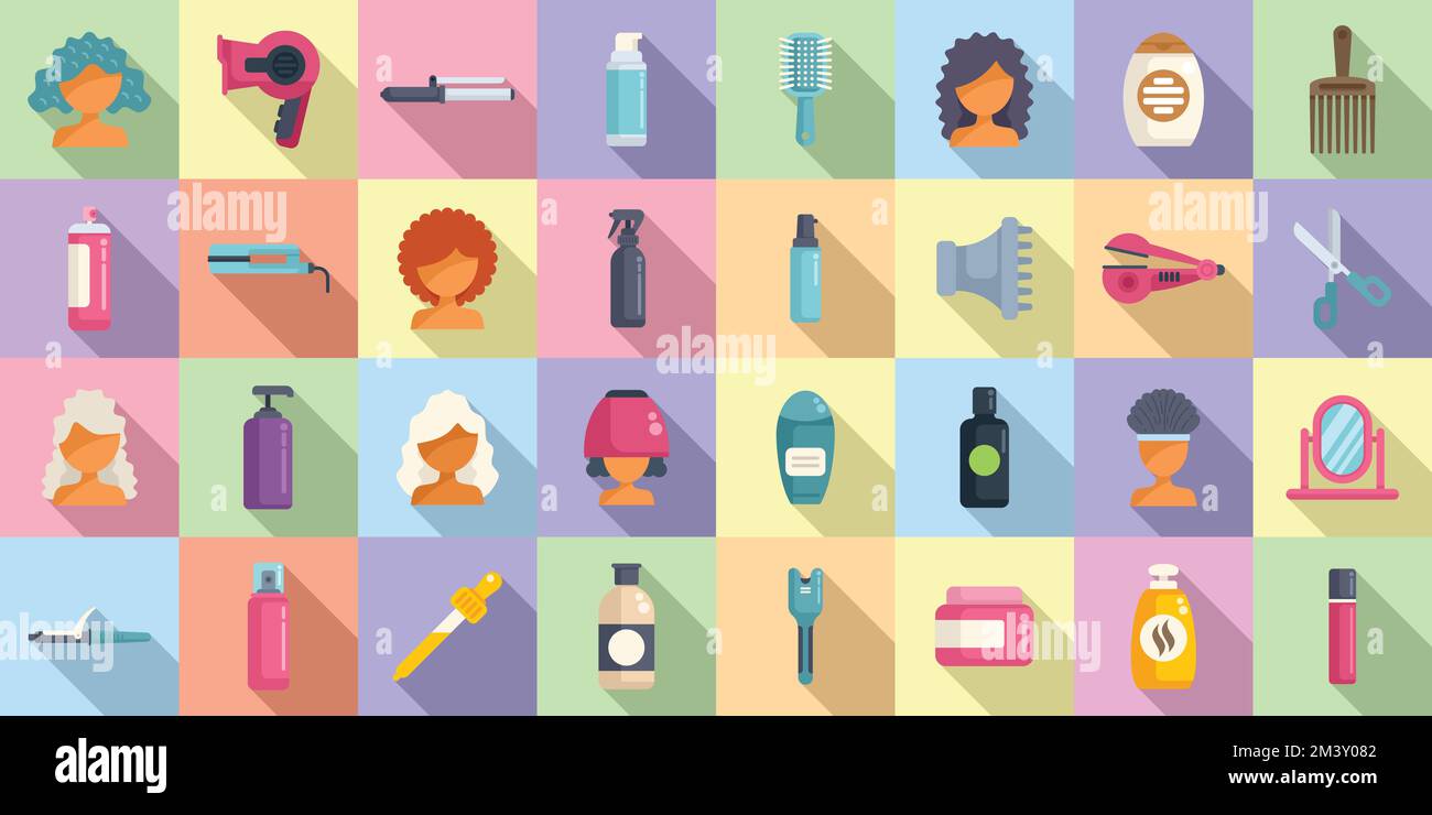 Curly hair care icons set flat vector. Hair dandruff. Shampoo volume ...