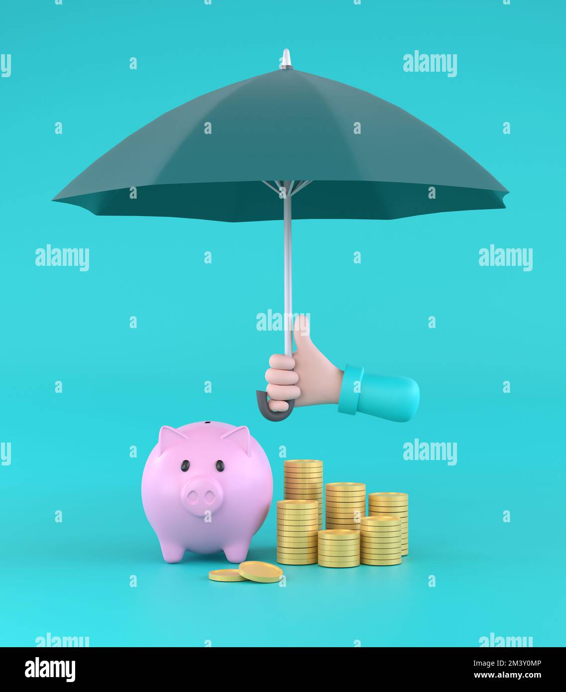 3D. Cartoon hand holding green umbrella to protect money. illustration ...