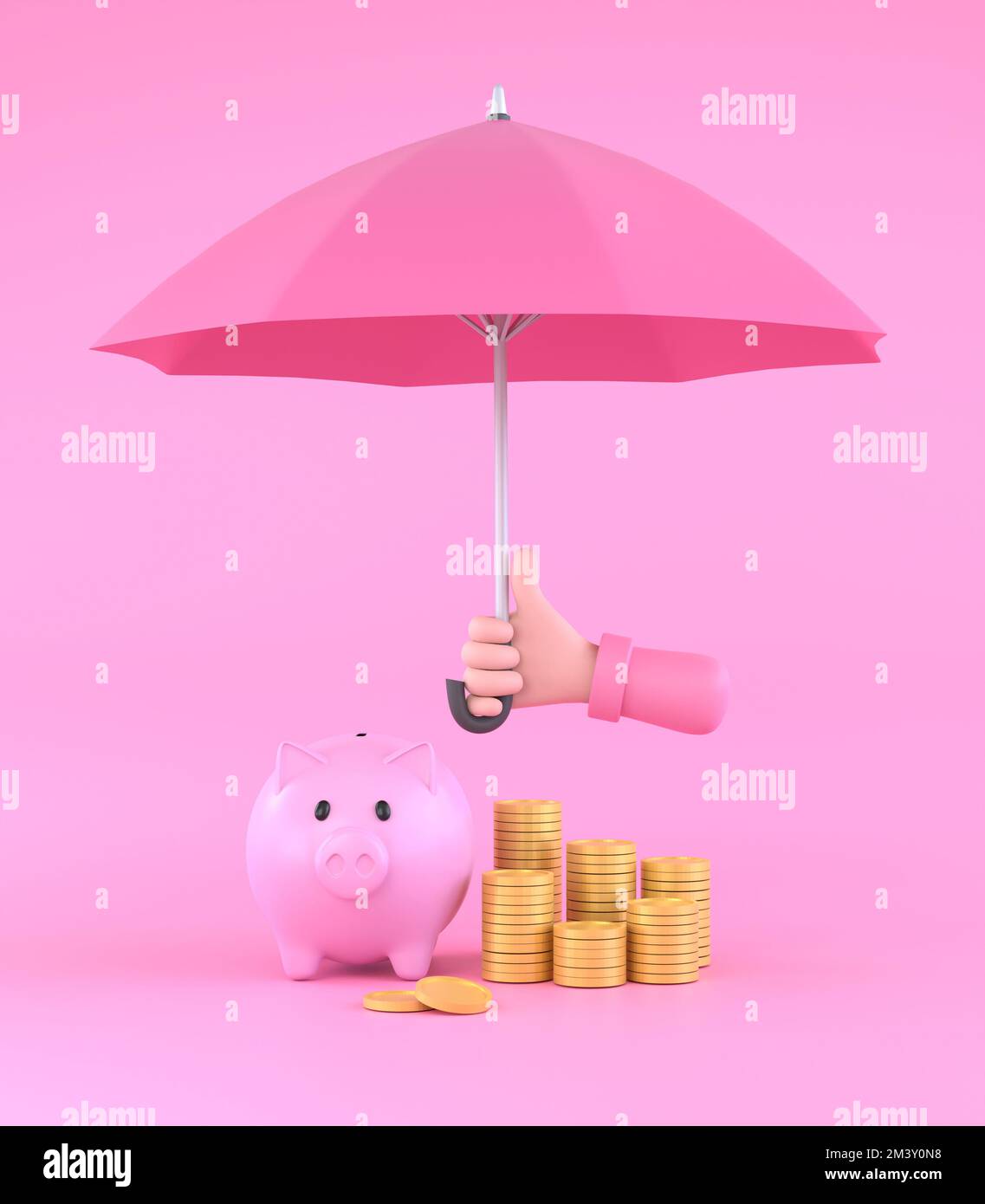 3D. Cartoon hand holding pink umbrella to protect money. illustration ...