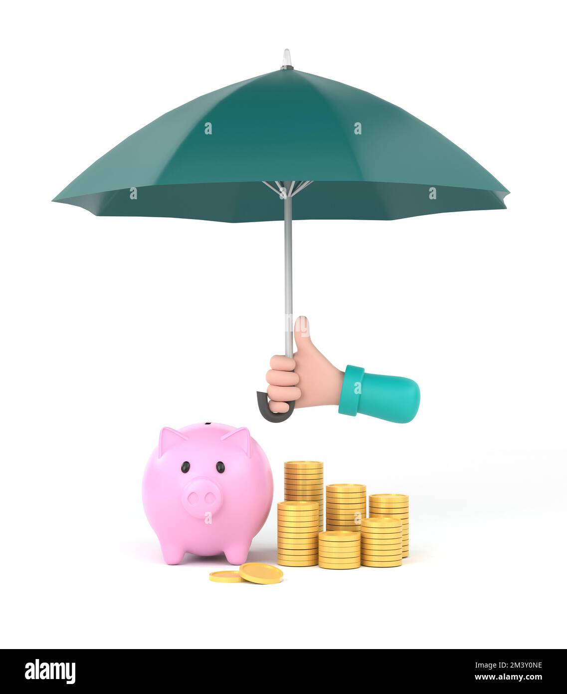 3D. Cartoon hand holding green umbrella to protect money. illustration ...