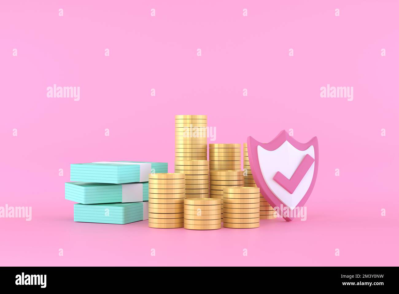 3D. Protection shield icon with coins, banknote, financial saving ...