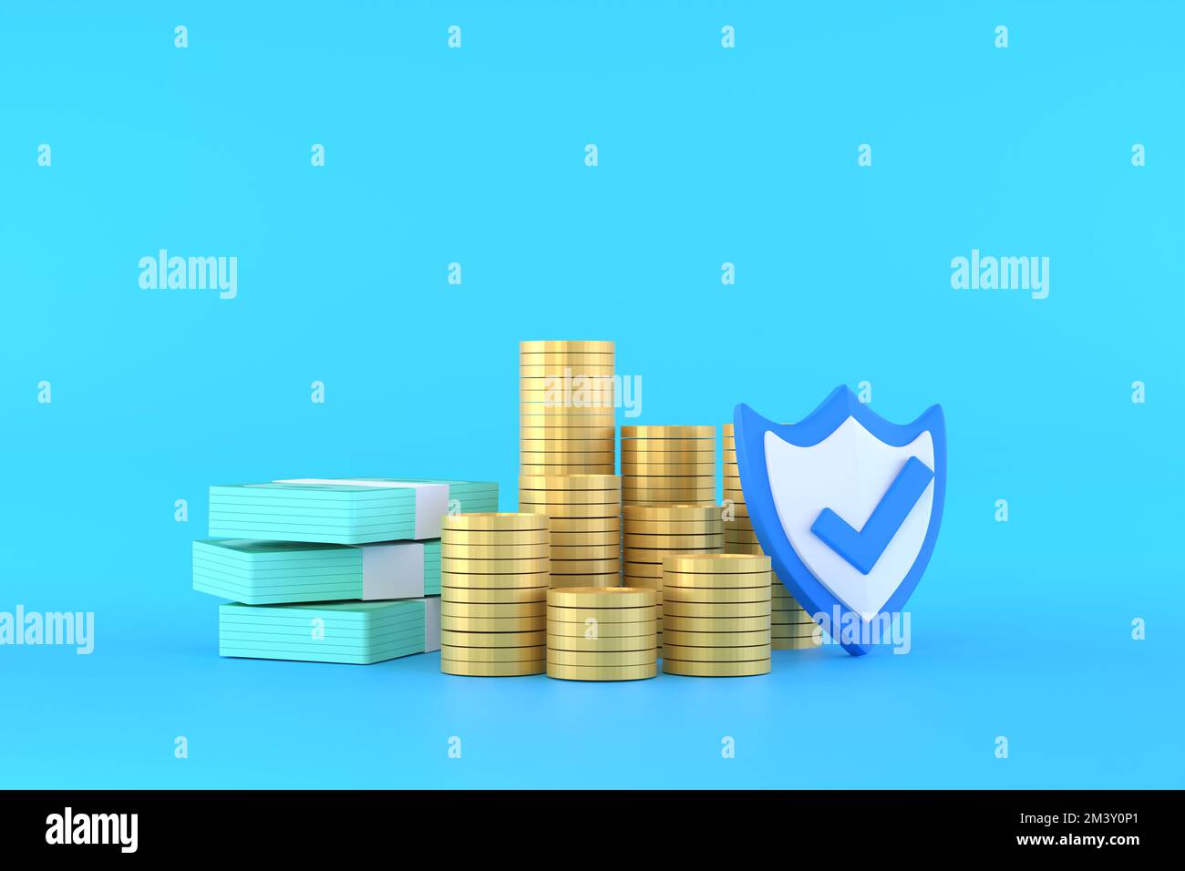 3D. Protection shield icon with coins, banknote, financial saving ...