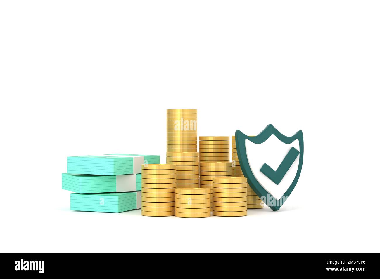 3D. Protection shield icon with coins, banknote, financial saving ...