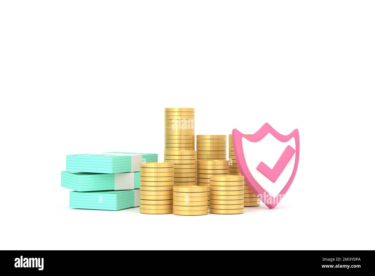 3D. Protection shield icon with coins, banknote, financial saving ...