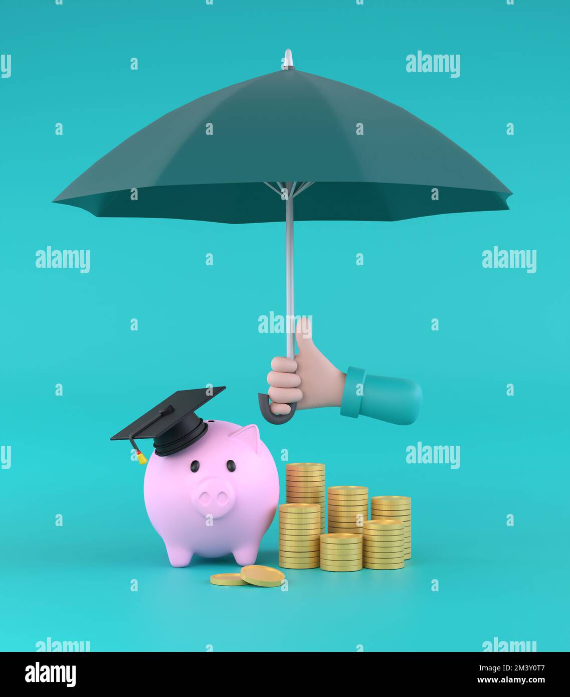 3D. Cartoon hand holding green umbrella to protect piggy bank and money ...
