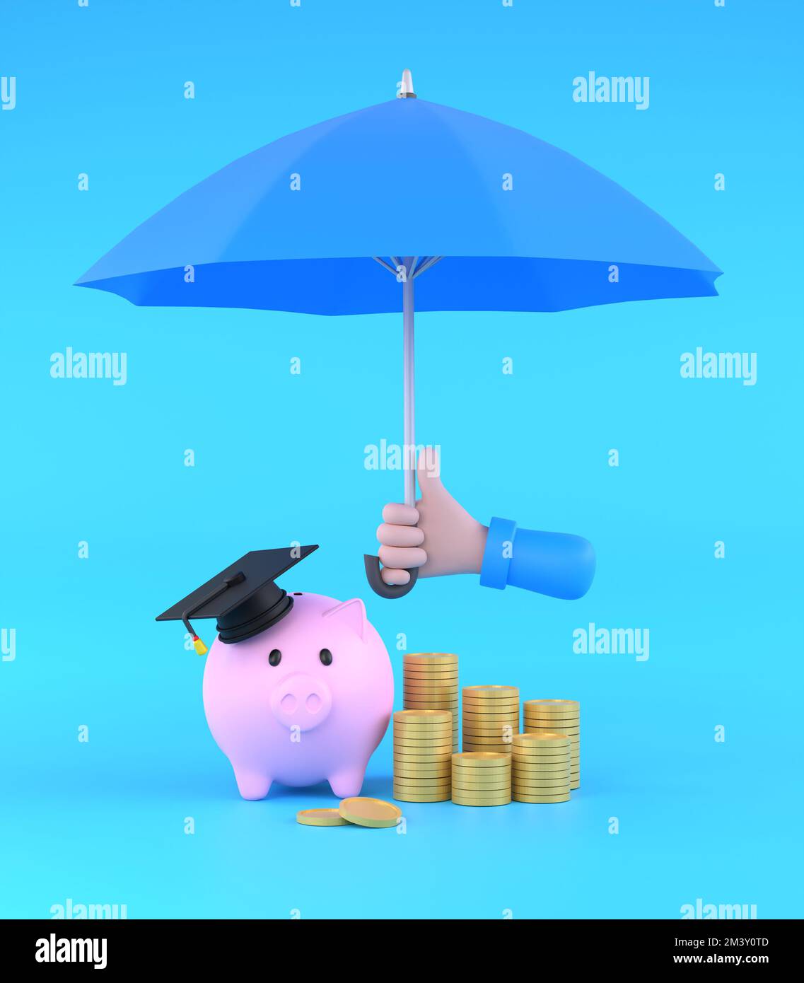 3D. Cartoon hand holding blue umbrella to protect piggy bank and money ...