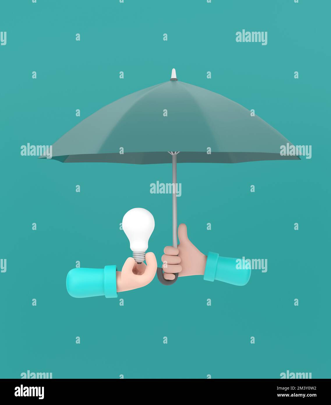 3D. Cartoon hand holding green umbrella to protect light bulb ...