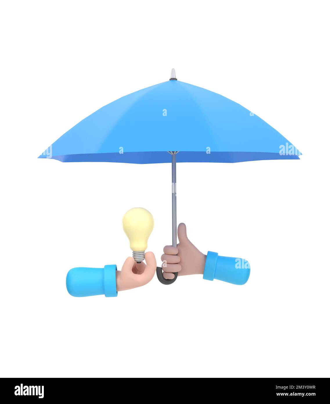 3D. Cartoon hand holding blue umbrella to protect light bulb, copyright ...