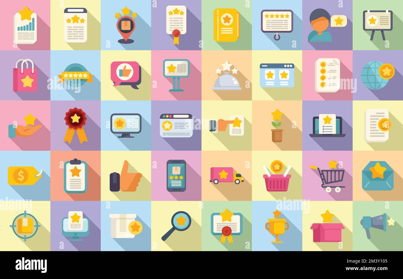 Featured product icons set flat vector. Data survey. Start product ...