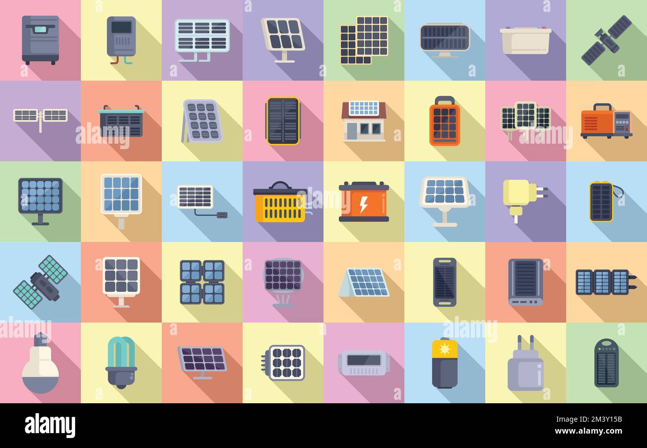 Solar panels icons set flat vector. Solar inverter. Energy battery ...