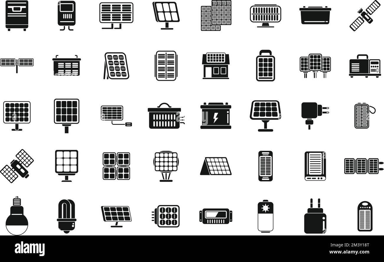 Solar panels icons set simple vector. Solar inverter. Energy battery ...